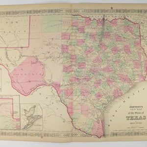 Antique Texas Map, 1864 Johnson and Ward, Galveston Bay & Sabine Lake ...