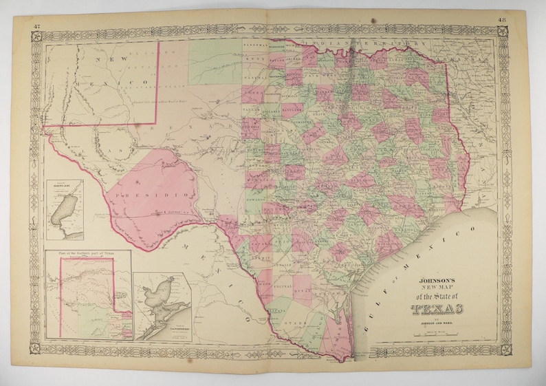 1864 Large Map of Texas, Original Antique Texas Map by Johnson and Ward ...