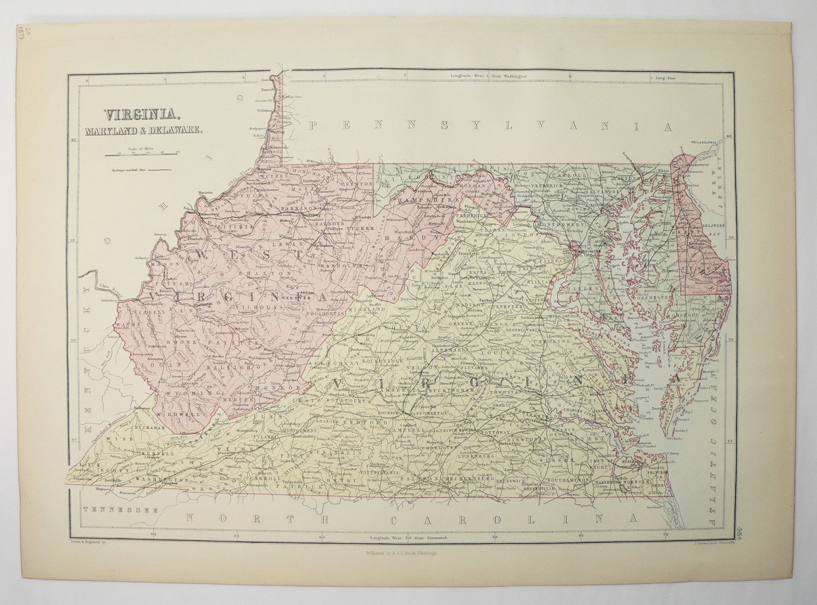 Antique Virginia Map West Virginia Maryland and Delaware 1873 - Etsy