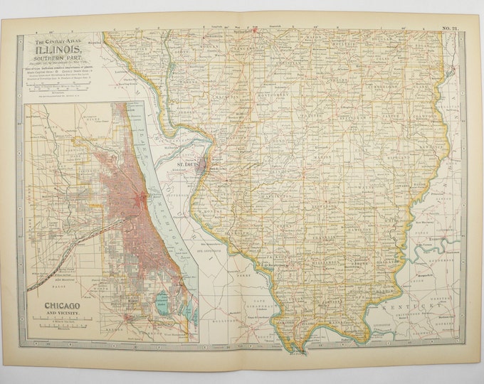 1901 Southern Illinois Map, Vintage Art Map, Chicago Illinois, Antique ...