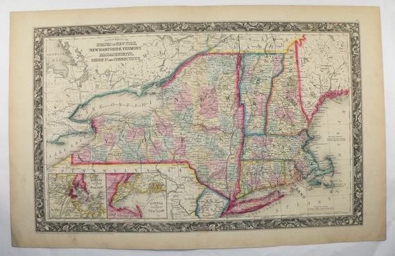 1860 Mitchell Map of New York Massachusetts Connecticut New | Etsy