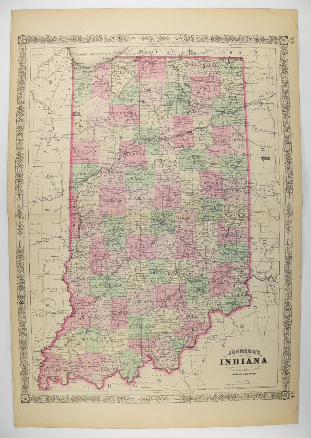 Large 1864 Johnson Map of Indiana, Original Hand Color Antique Map - Etsy