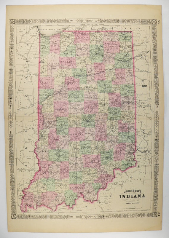 Large 1864 Johnson Map of Indiana Original Hand Color Antique | Etsy