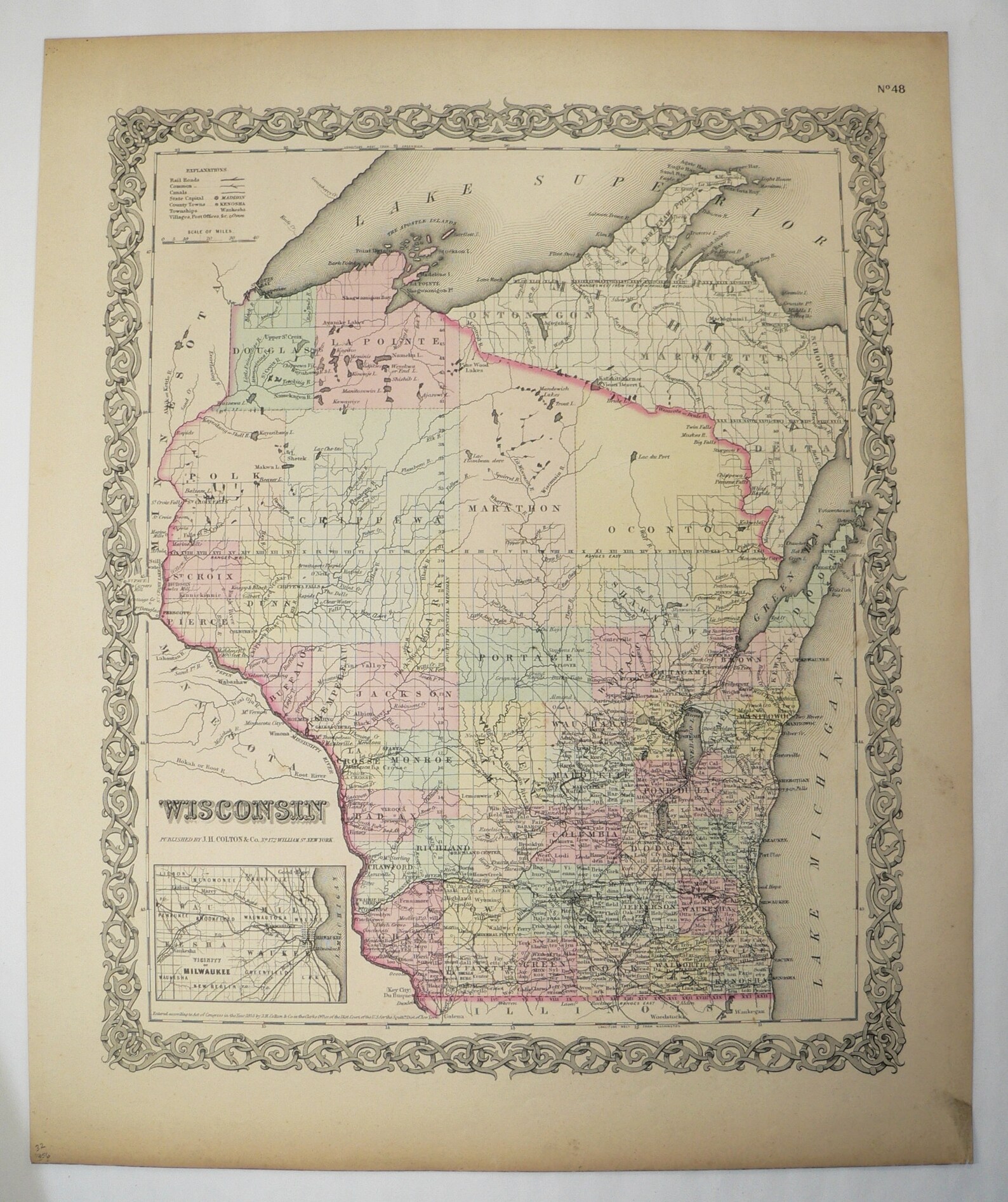 Antique Wisconsin Map Original 1856 Colton Map Wisconsin | Etsy