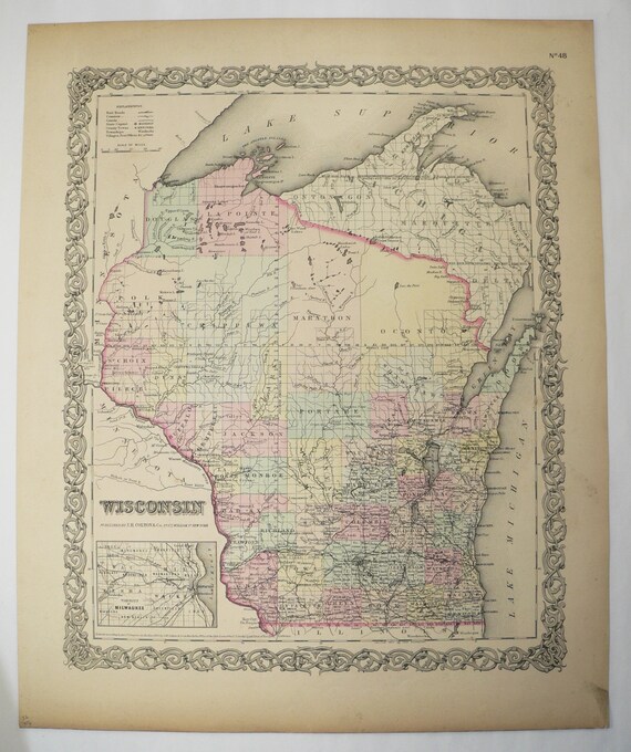 Antique Wisconsin Map Original 1856 Colton Map Wisconsin | Etsy