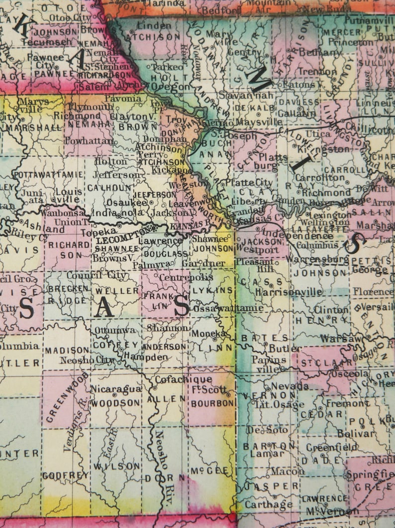 Original 1860 Mitchell Map of Illinois, Missouri, Iowa, Kansas and ...