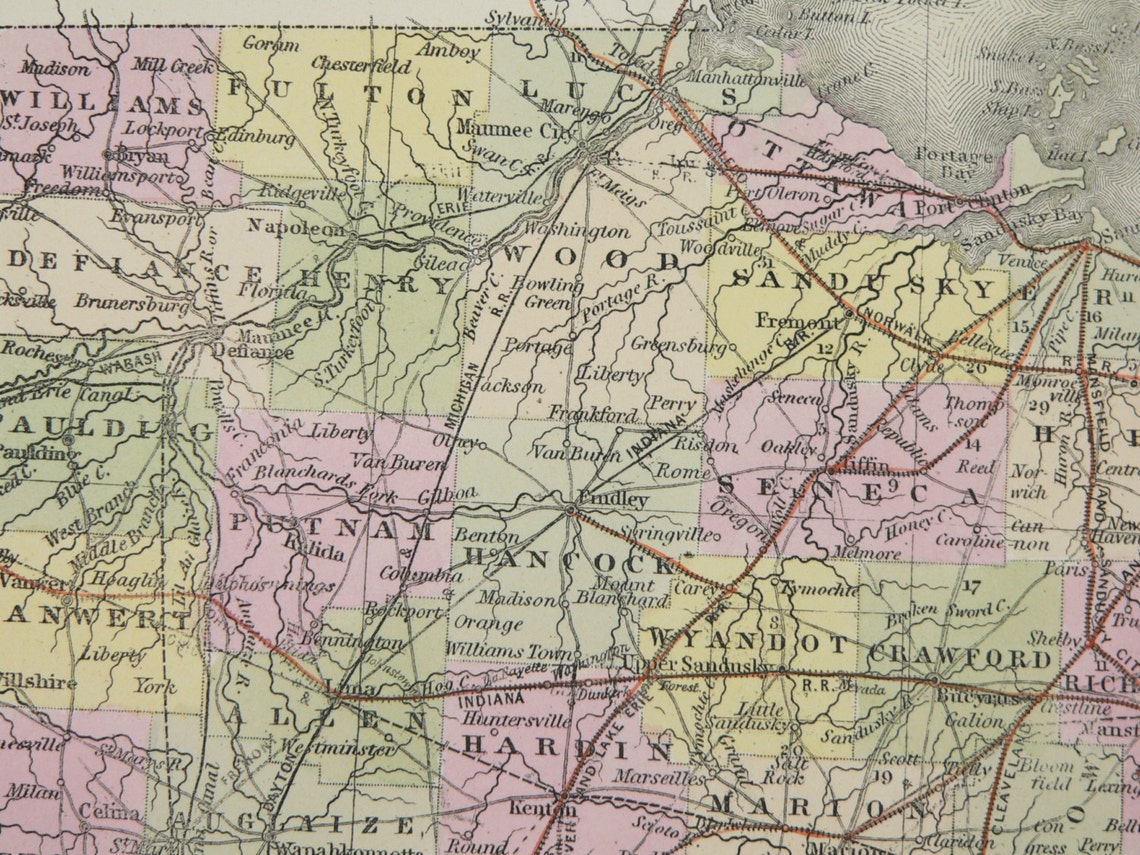 Antique Ohio Map, 1855 Mitchell Map of Ohio State, 1st Anniversary Gift ...