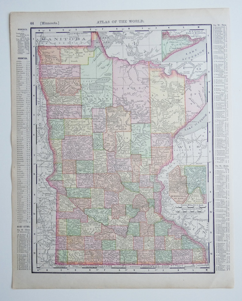 Antique Minnesota and Wisconsin Map 1899 Vintage Geography State Map ...