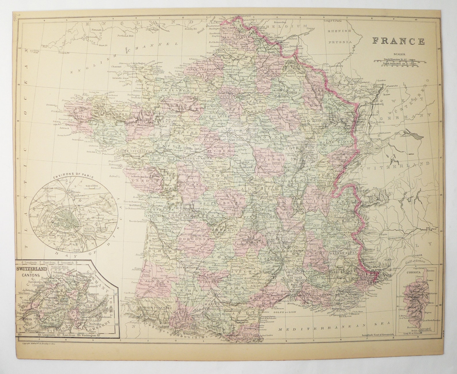 1886 Antique France Map 1886 Bradley Atlas Map of France - Etsy