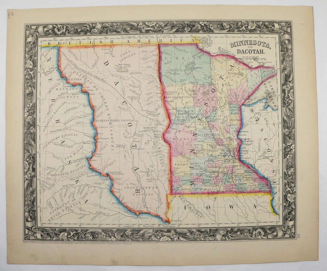 1860 Mitchell Minnesota and Dacotah Map, Original Antique Map Before ...
