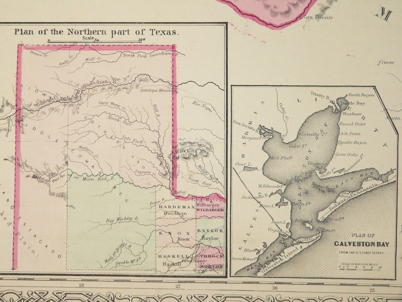 Antique Texas Map, 1864 Johnson and Ward, Galveston Bay & Sabine Lake ...