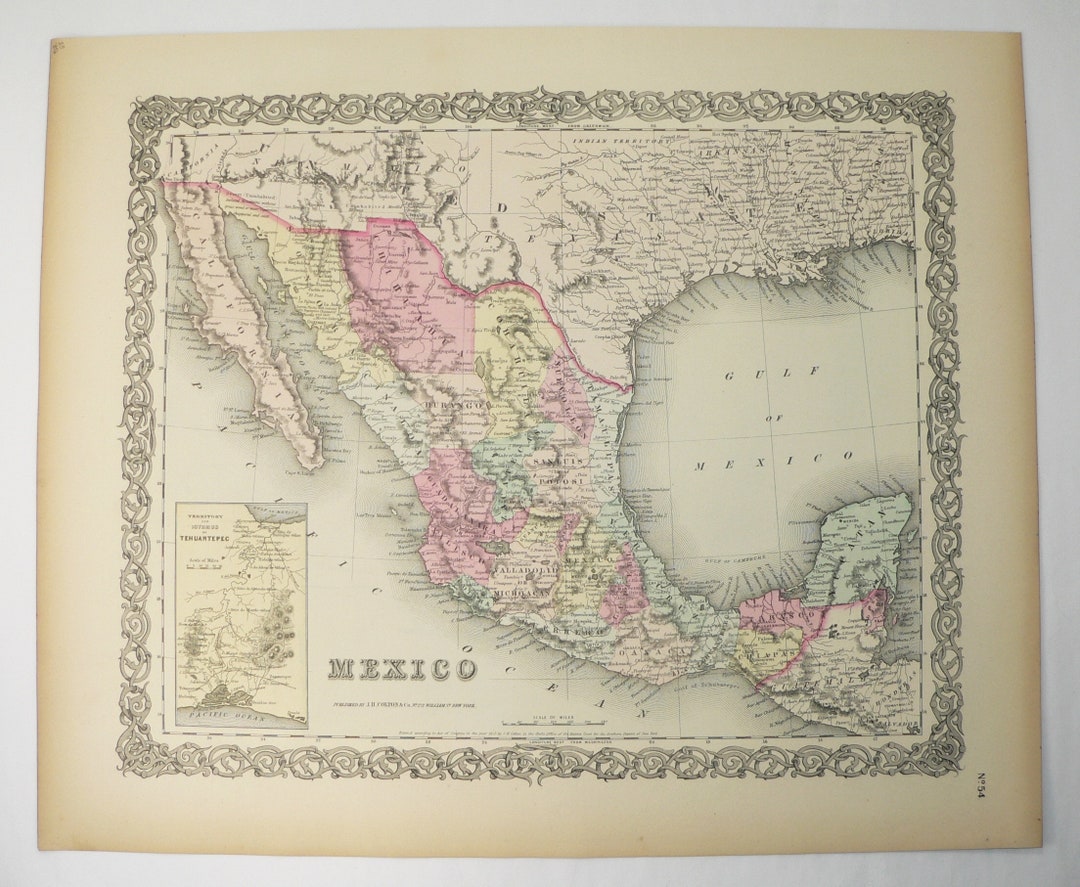 Antique Mexico Map 1856 Colton Map of Mexico, Yucatan Belize, Lower ...