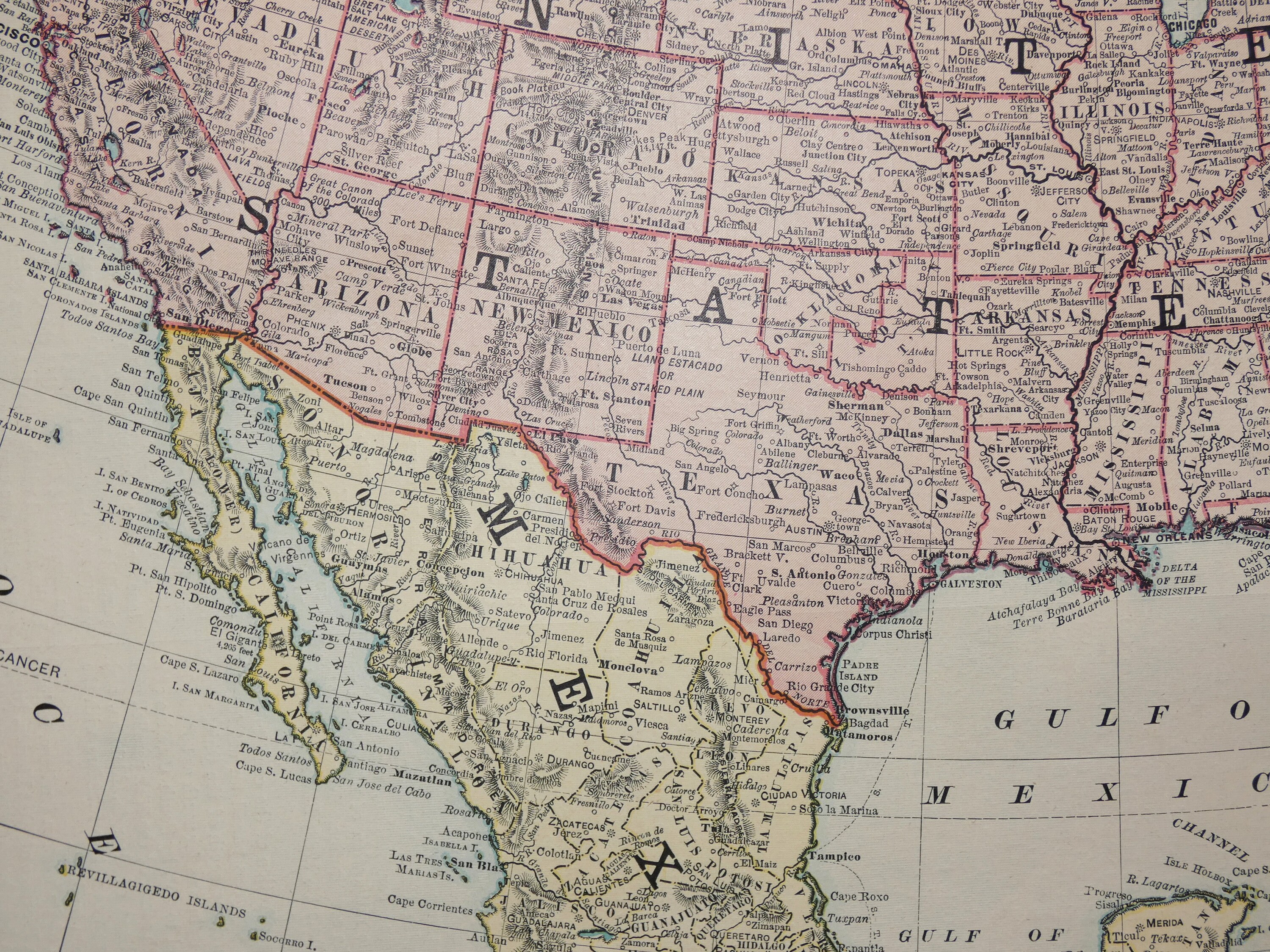Large 1892 North America Map, United States, Canada, Mexico, Caribbean ...