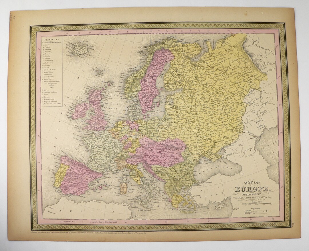 Vintage Europe Map 1852 Mitchell Cowperthwait Map of Europe, Unique ...