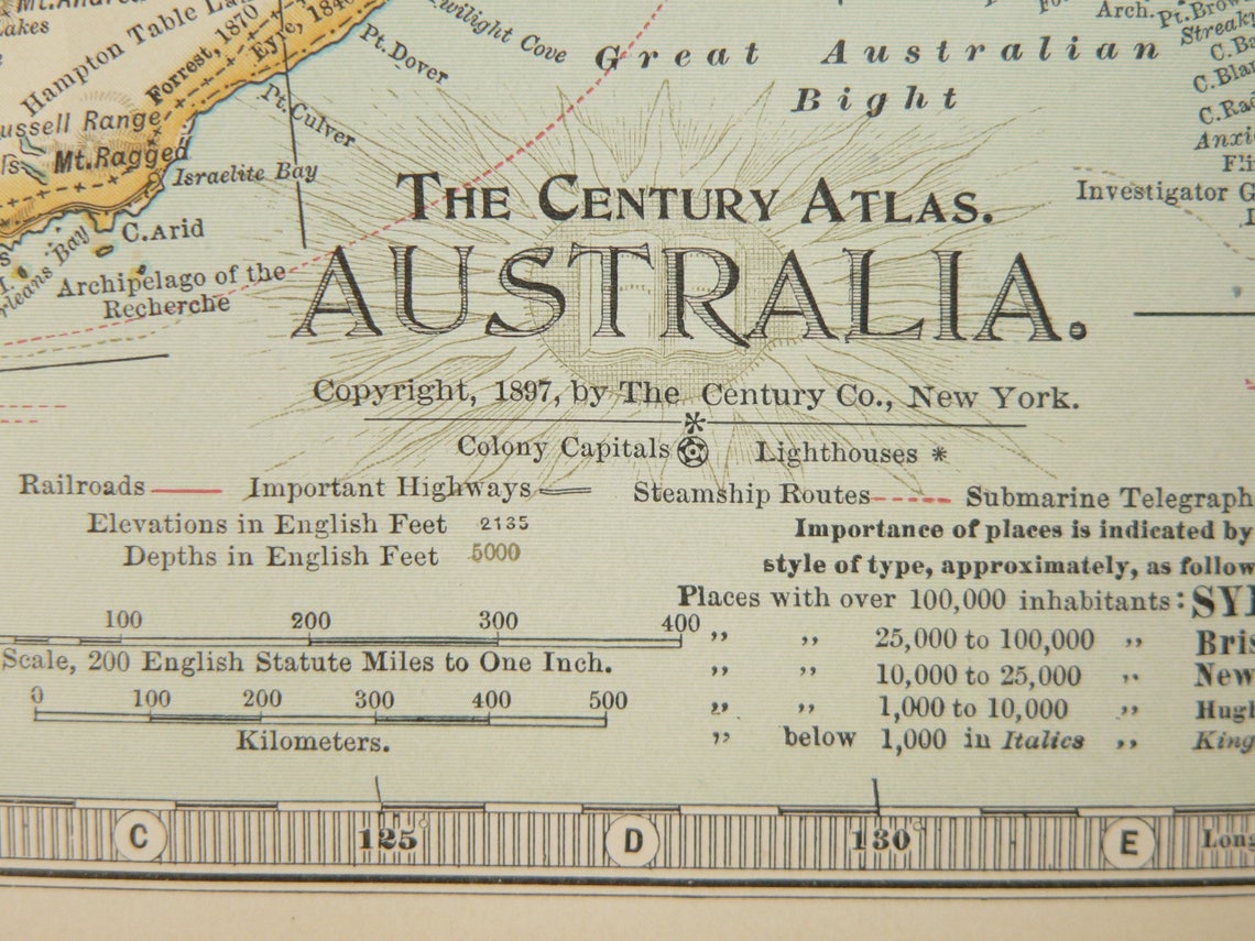 1899 Century Australia Map With Tasmania, Real Vintage Map of Australia ...