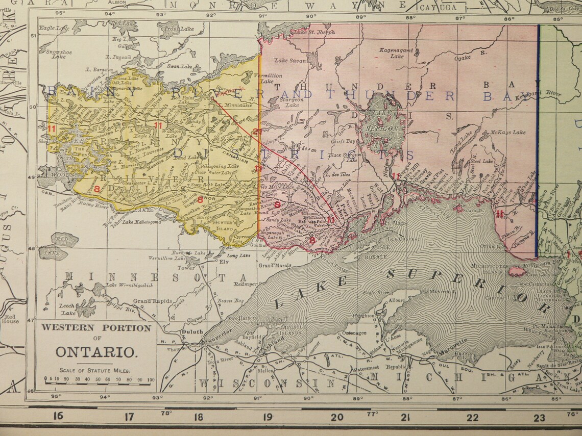 Large Vintage Ontario Canada Map 1908 Antique Map of Ontario, Railroad ...