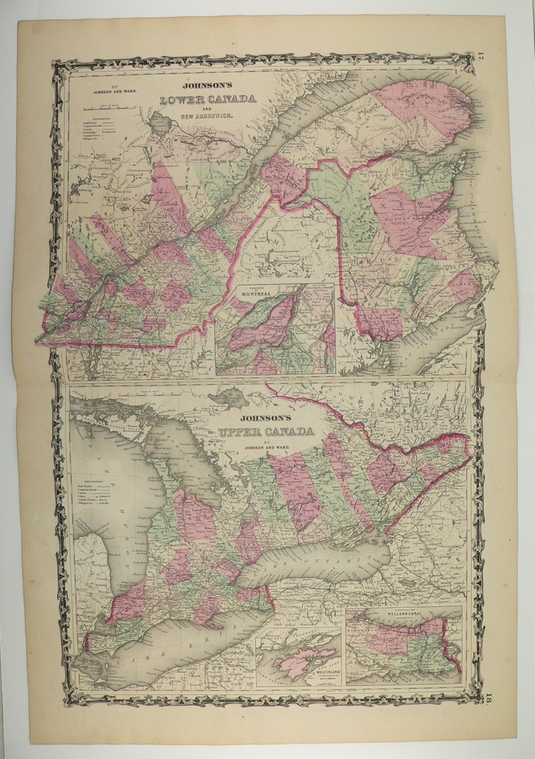 1862 Johnson Map of Ontario and Quebec Canada, Original Vintage Map ...