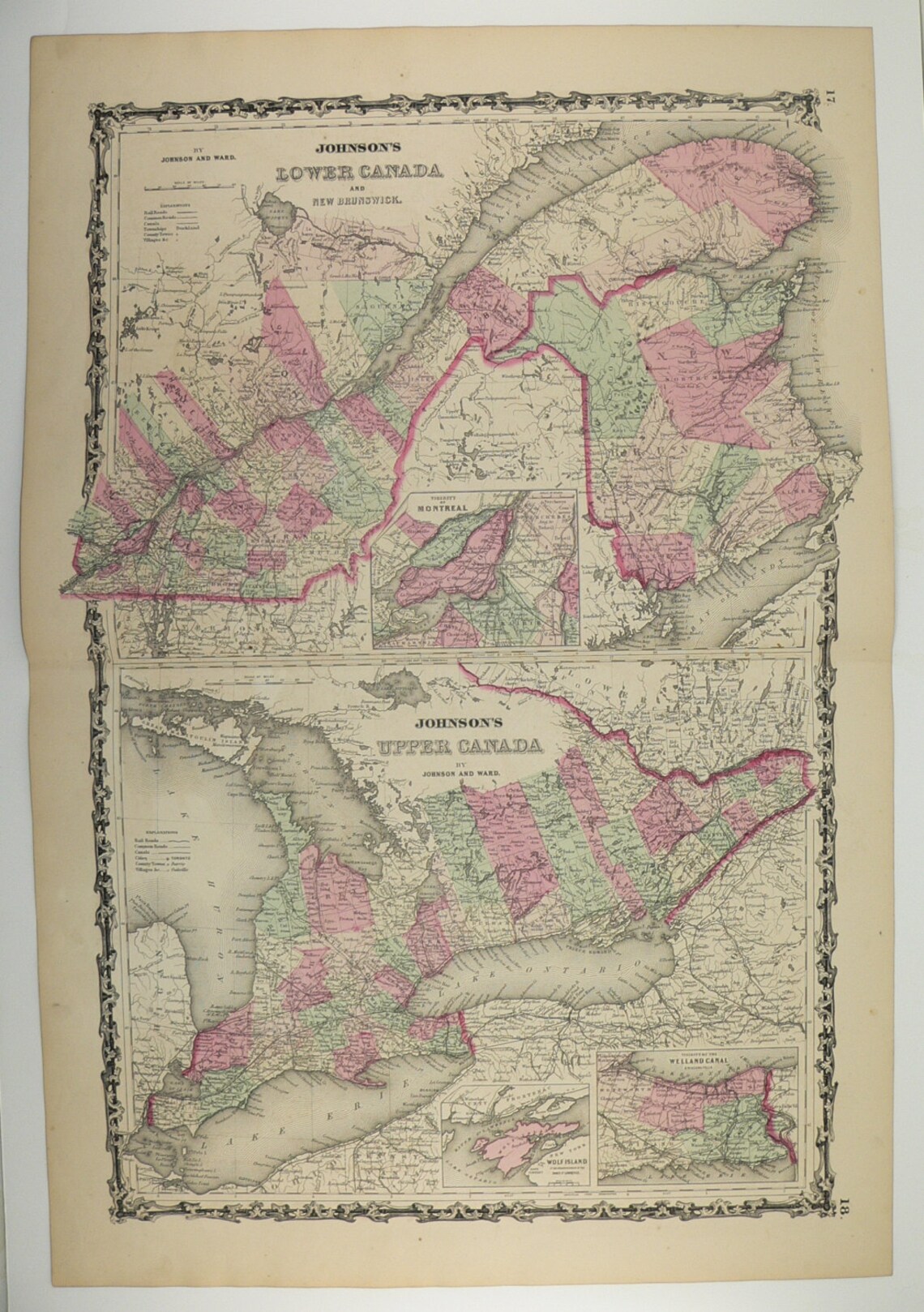 1862 Johnson Map of Ontario and Quebec Canada, Original Vintage Map ...