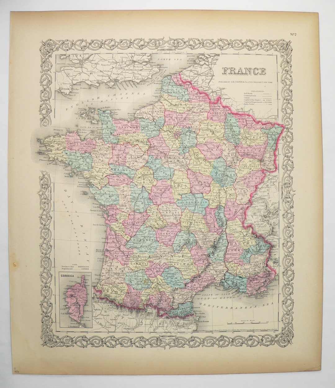 Vintage France Map 1856 Colton Map of France, Gift for Couple, Office ...