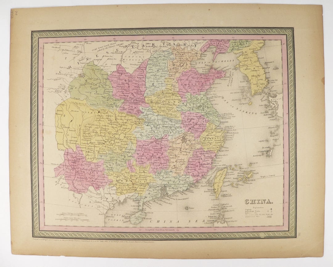 Vintage China Map 1852 Mitchell Map of China, Taiwan Map Formosa, Korea ...