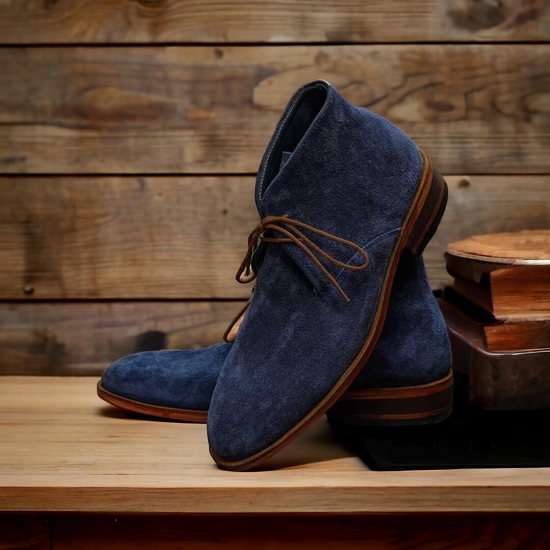 Handmade Suede Leather Bespoke Blue Colour Ankle High Men Boots, Office ...