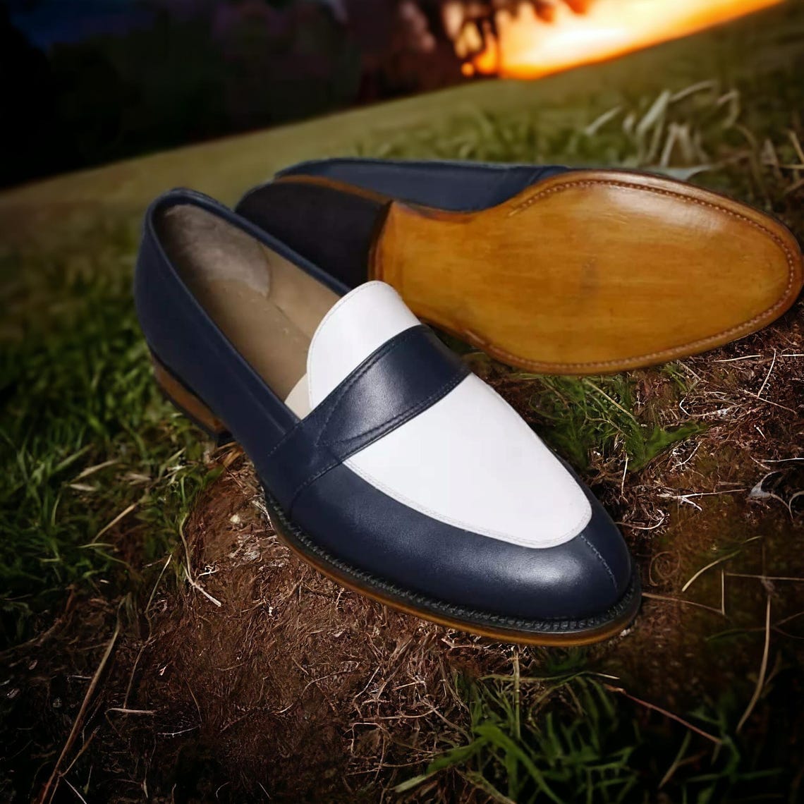Handmade Leather Bespoke Loafer Men Dark Blue & White Moccasin Slip on ...