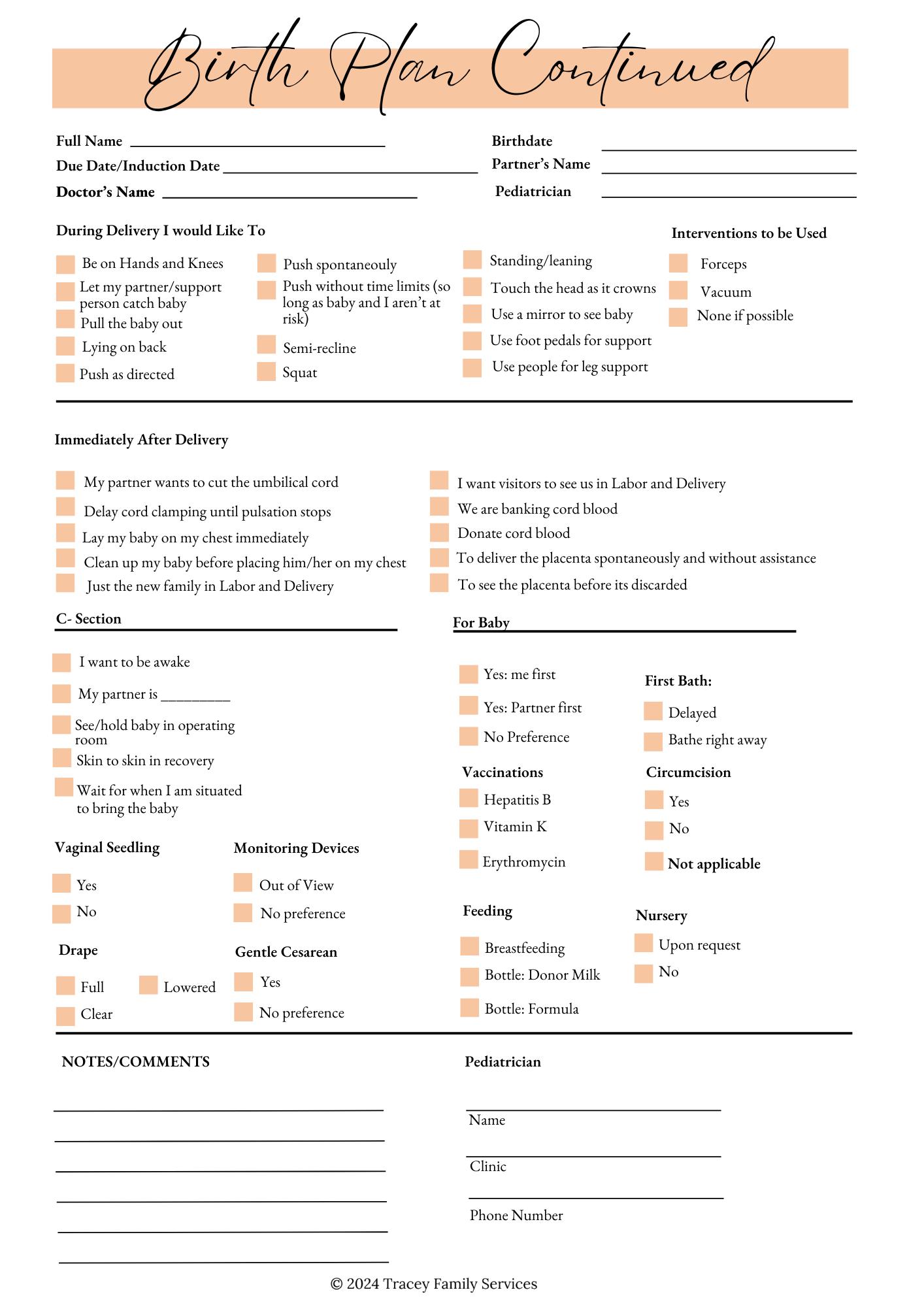 Pink Birth Plan Printable & Editable PDF Template - Etsy
