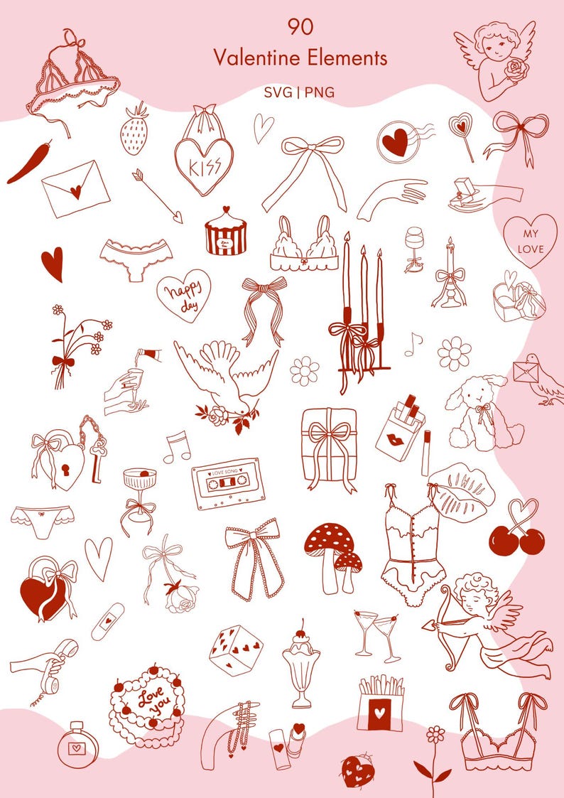 Valentine’s Day Clipart, 102 Hand-drawn SVG & PNG Elements, Whimsical Love-themed Illustrations ...