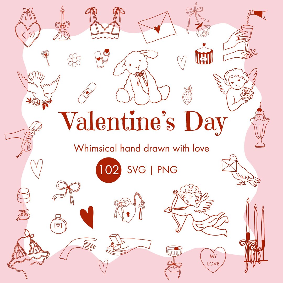 Valentine’s Day Clipart, 102 Hand-drawn SVG & PNG Elements, Whimsical ...