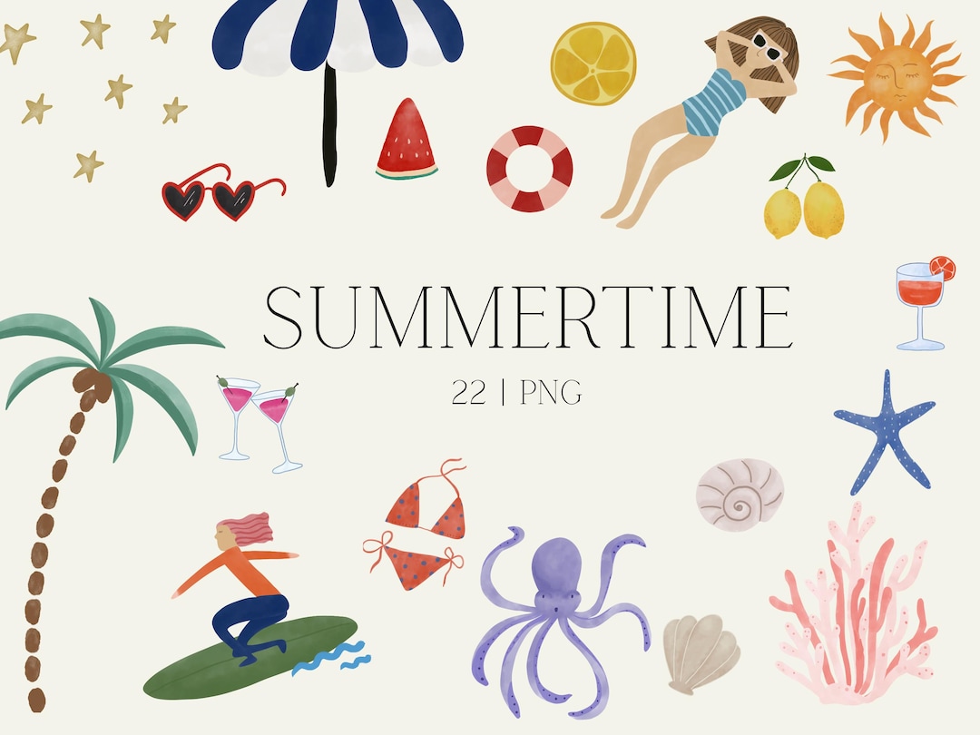 Summertime Clipart Bundle - 22 Summer Beach Pngs, Watercolor Vacation ...