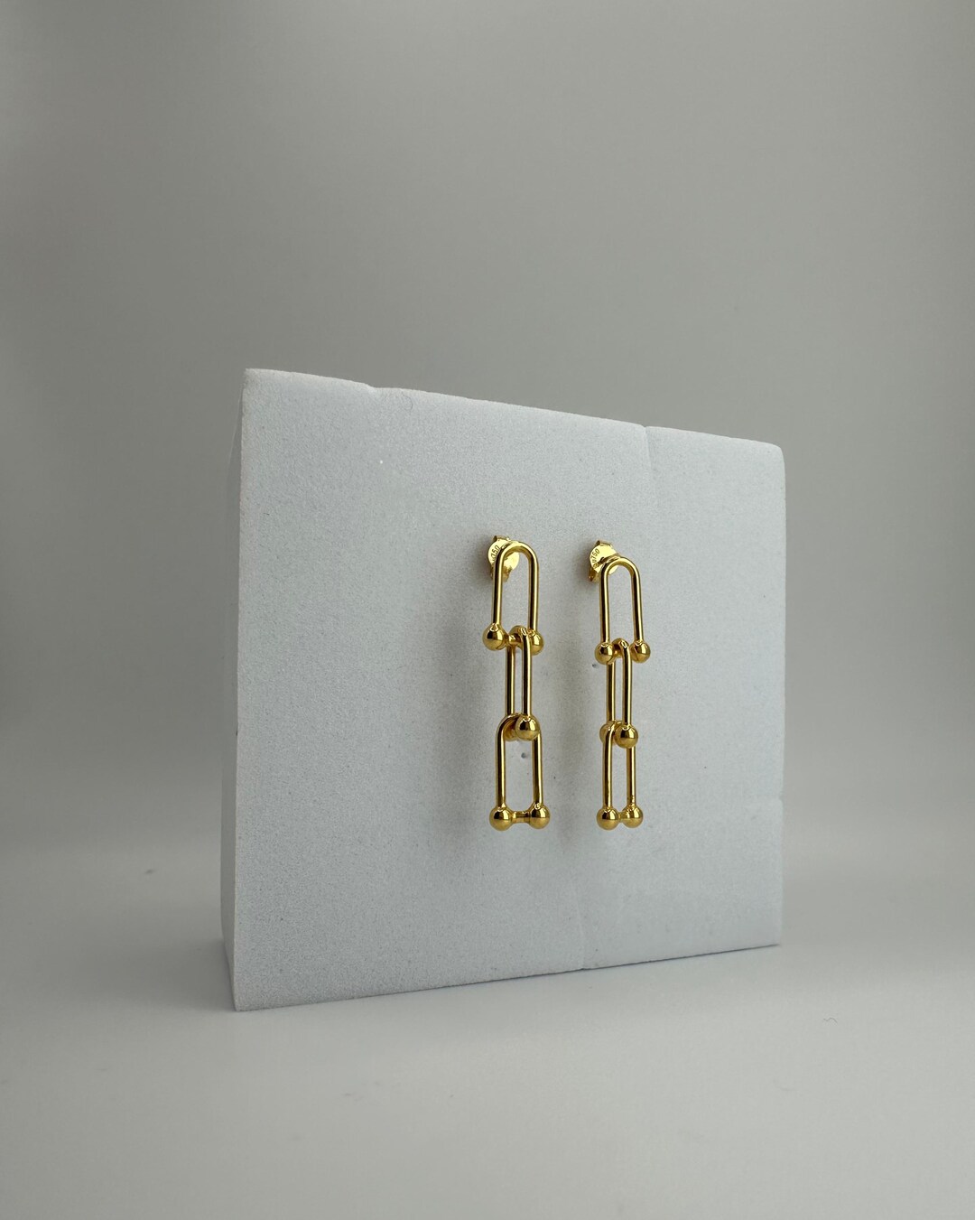 18K Solid Gold Hardware Link Design / Dangle Earrings , Dainty ...