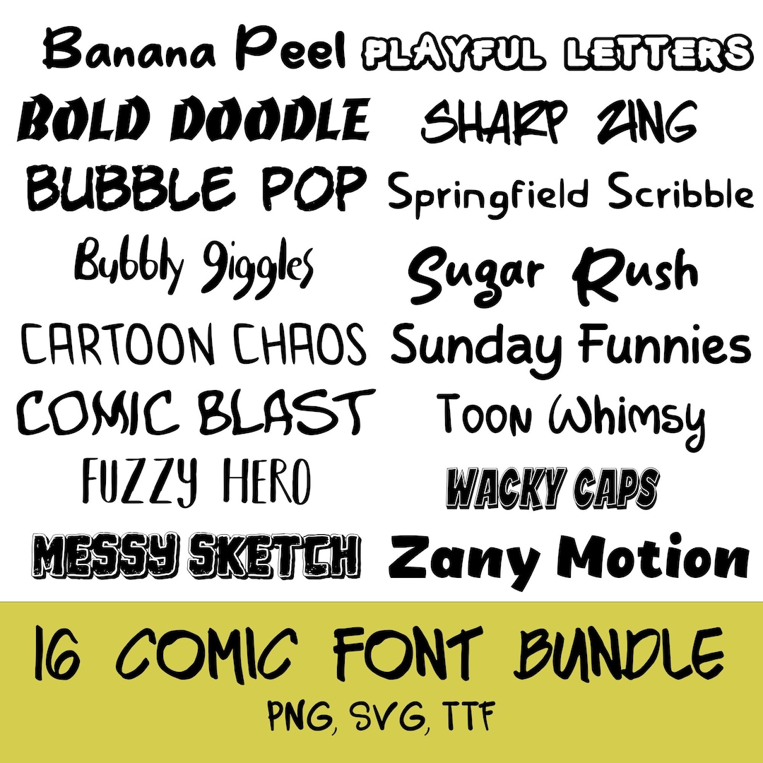 16 Comic Font Bundle PNG/SVG/TTF, Fun Cartoon Fonts, Playful Lettering ...