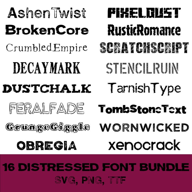 16 Distressed Font Bundle – Grunge, Rustic, Vintage Fonts for Cricut, T ...