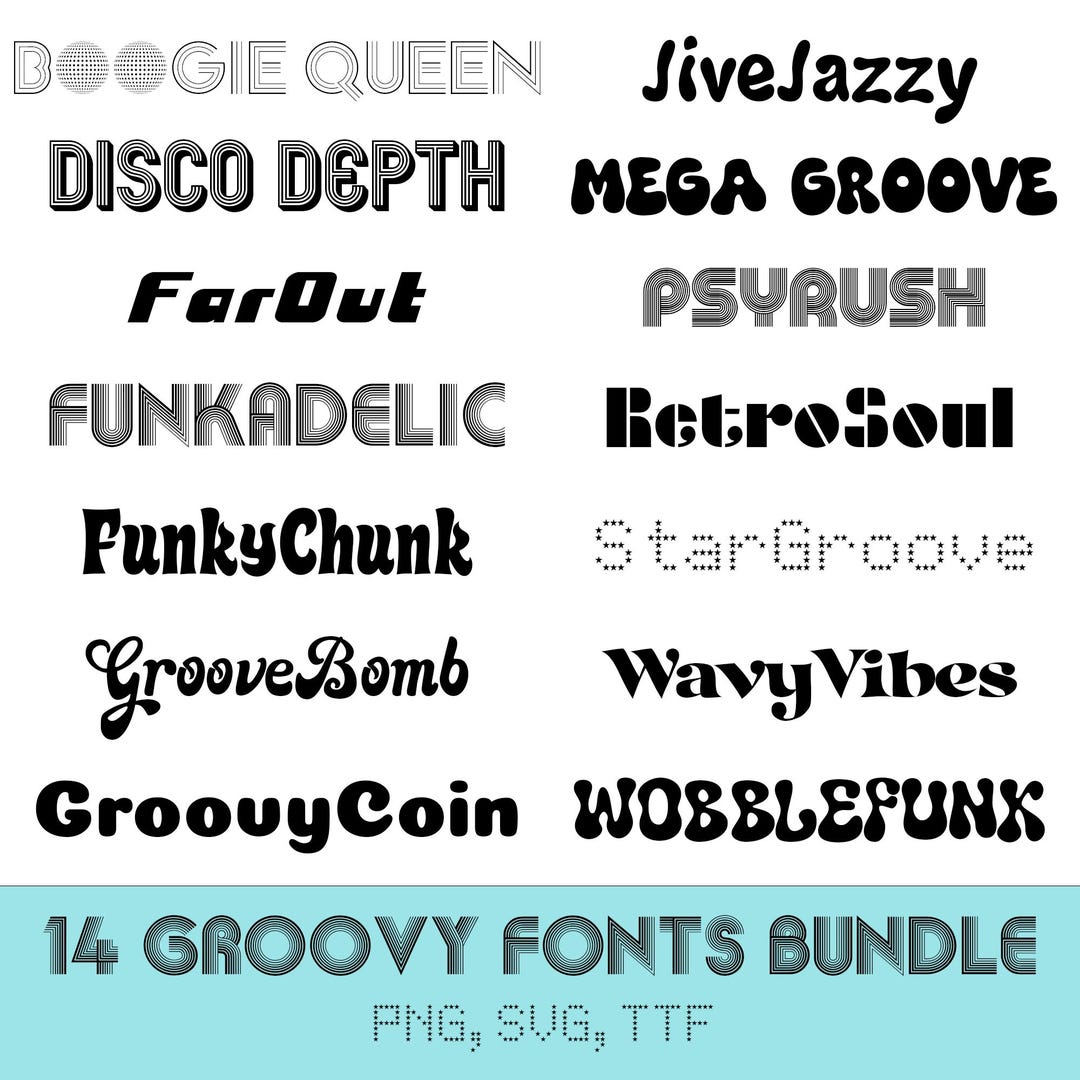 14 Groovy Font Bundle PNG/SVG/TTF – Retro Funky Fonts, Psychedelic ...