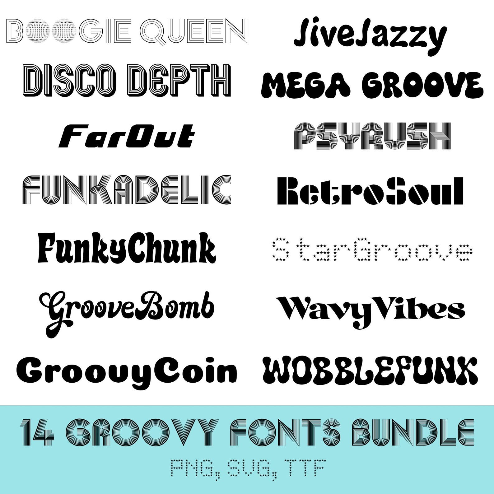 14 Groovy Font Bundle PNG/SVG/TTF – Retro Funky Fonts, Psychedelic ...
