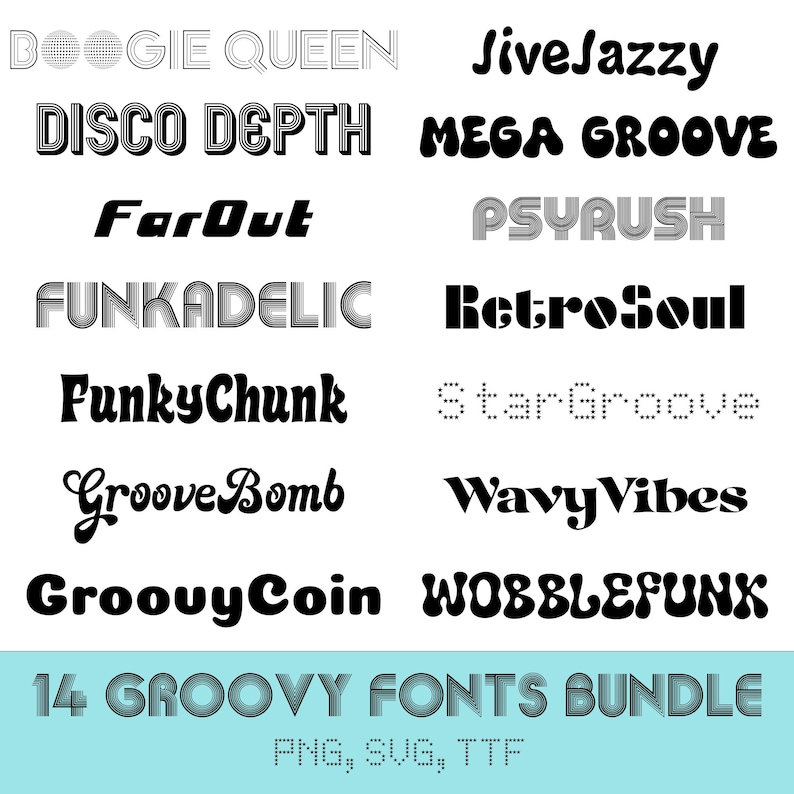 14 Groovy Font Bundle PNG/SVG/TTF – Retro Funky Fonts, Psychedelic ...
