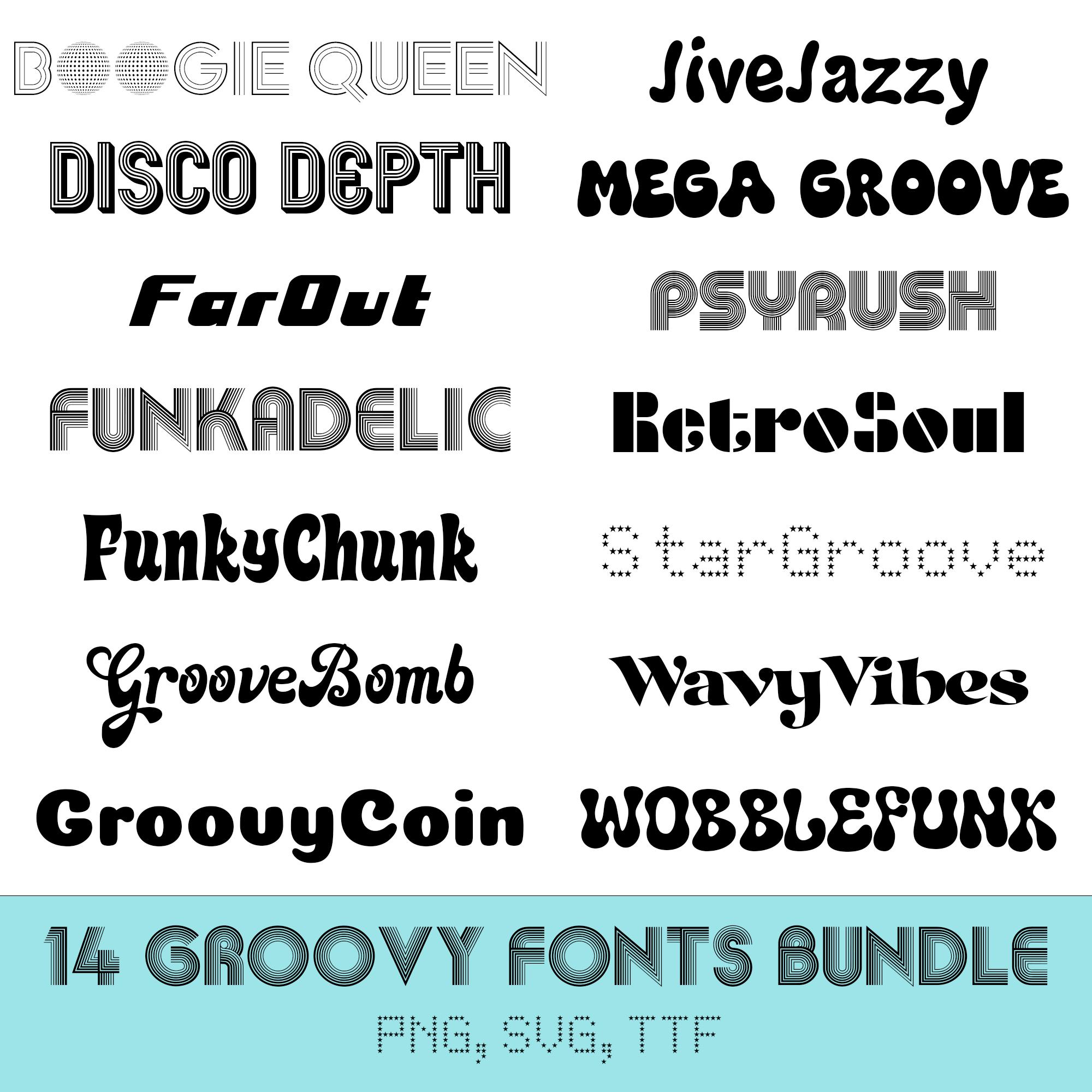 14 Groovy Font Bundle PNG/SVG/TTF – Retro Funky Fonts, Psychedelic ...