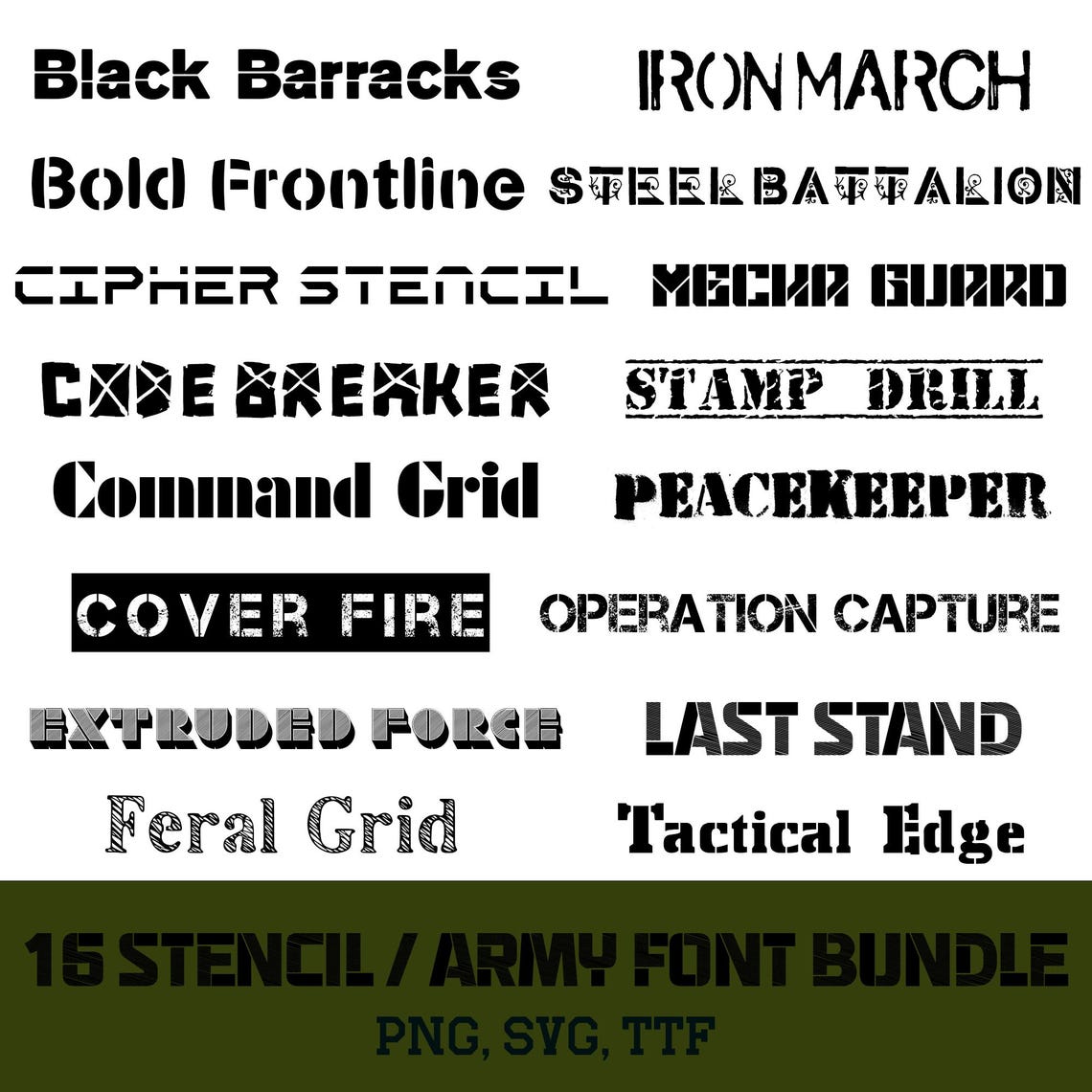 16 Stencil / Army Fonts Bundle – Military, Bold, Industrial, Distressed ...