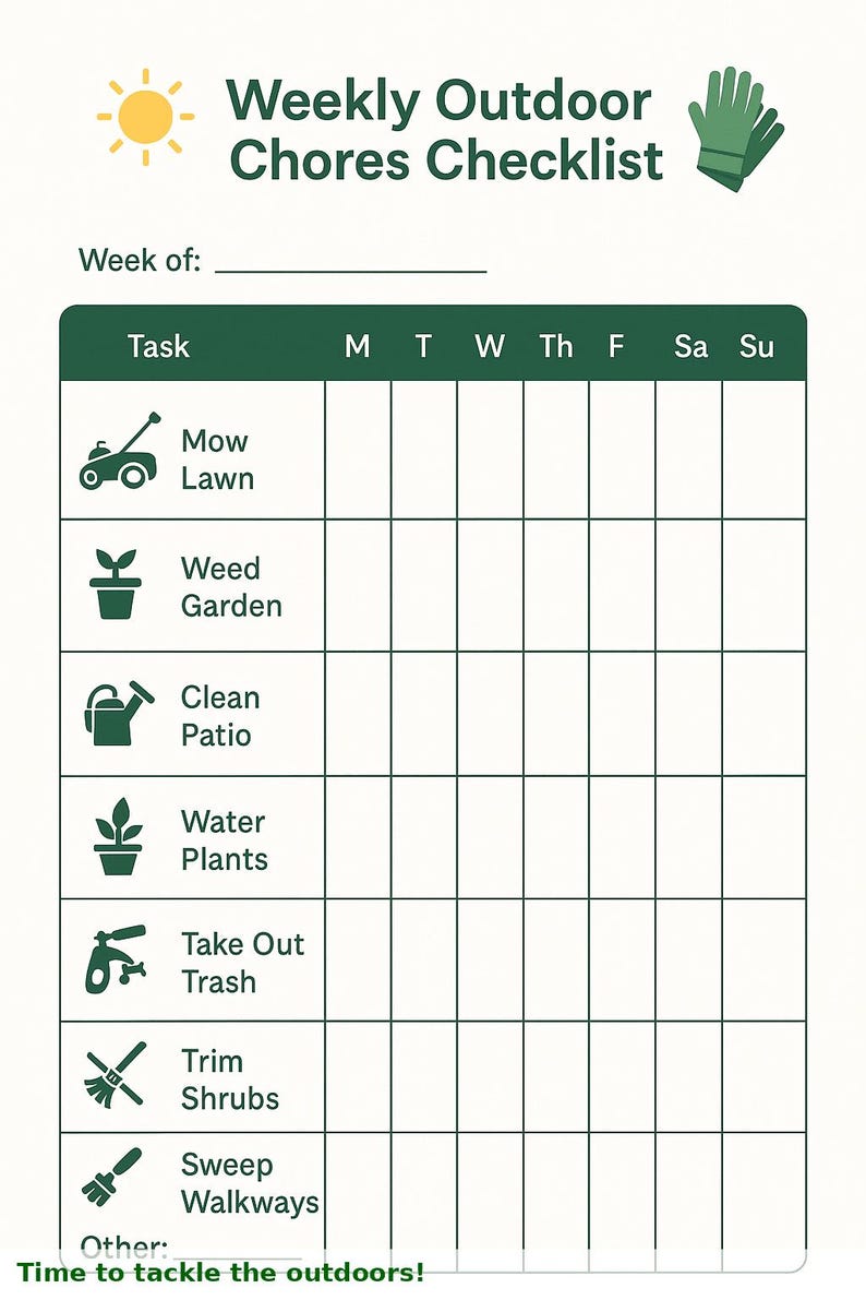 Weekly Outdoor Chores Checklist Printable | Garden & Yard Task List ...