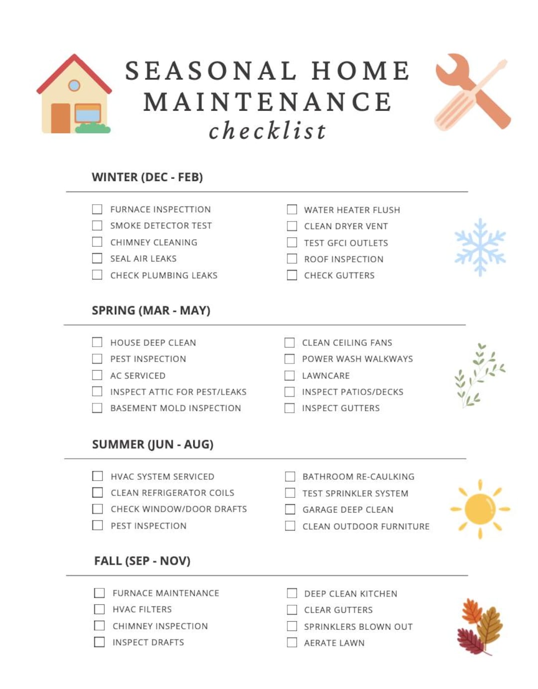 Printable Seasonal Home Maintenance Checklist | House Upkeep Planner ...