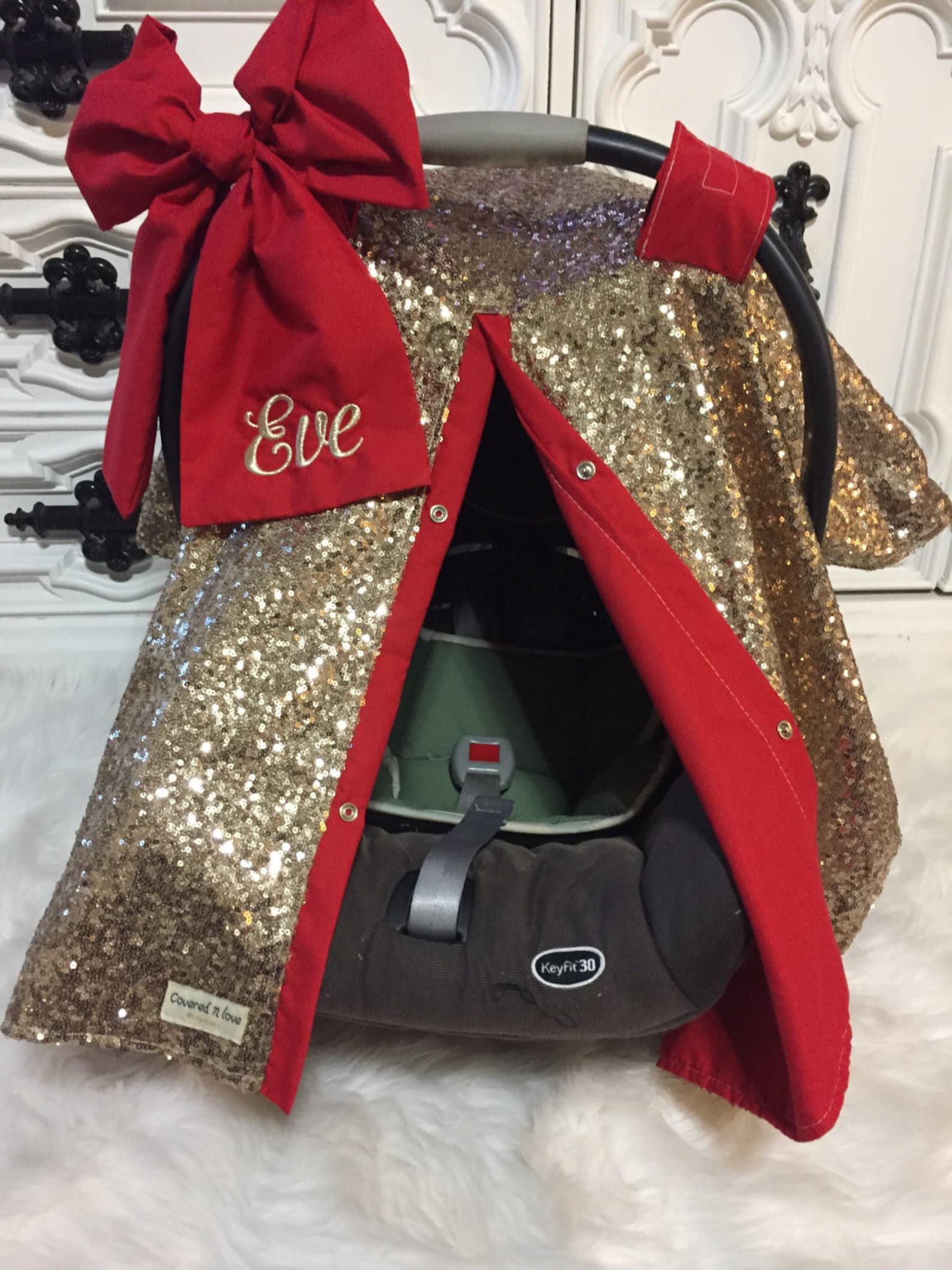 Sequin Car Seat Canopy With Bow and Name - Etsy