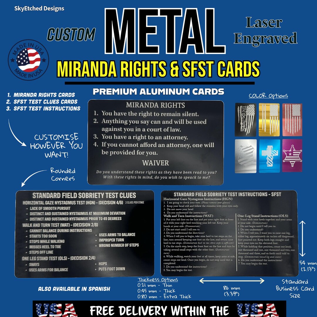Custom Laser Engraved Miranda Rights & SFST Metal Cards - Police Gear ...