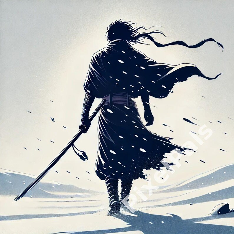 Lone Samurai in Snow - Anime Style Poster of a Warrior in Winter ...