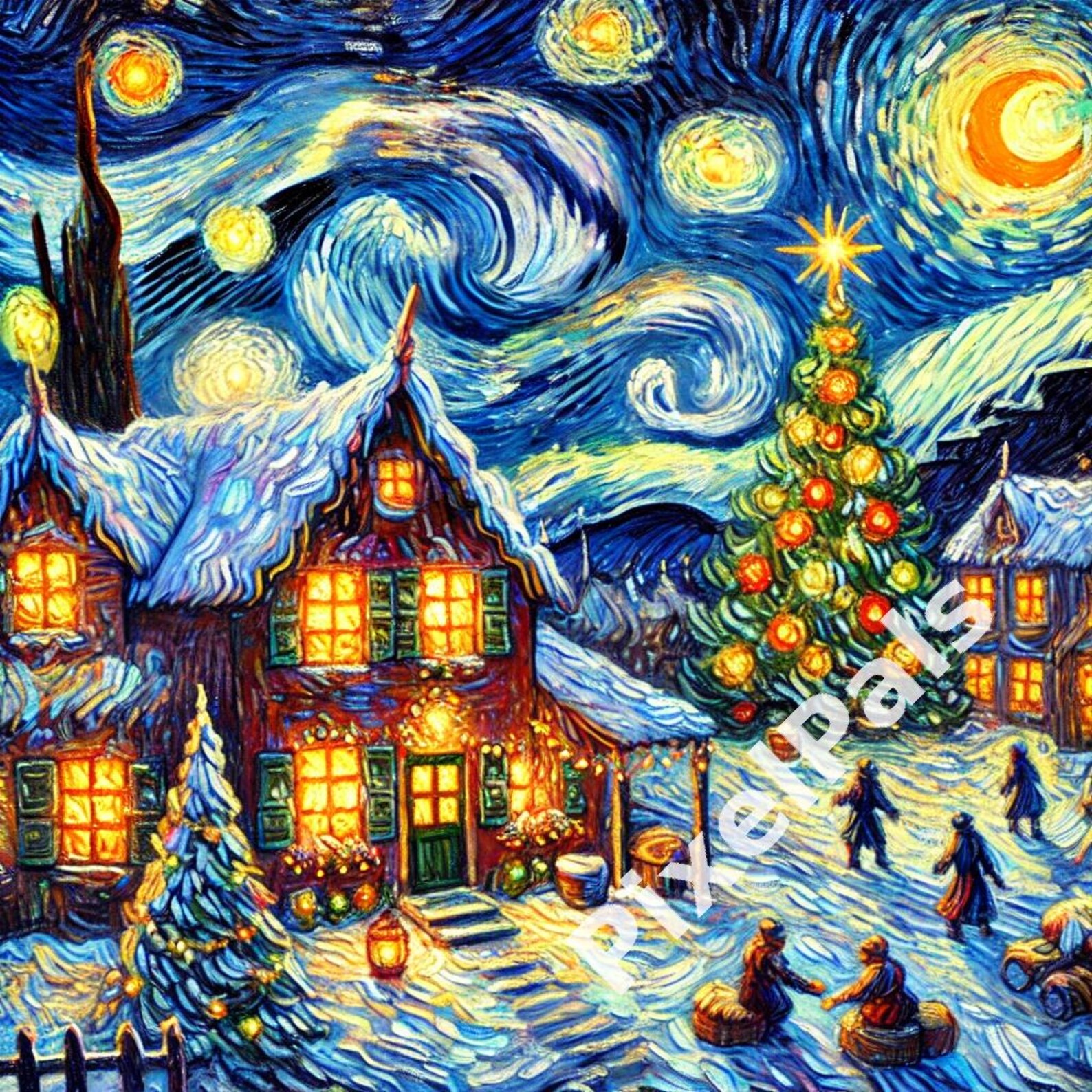 Van Gogh Inspired Christmas Village Scene - Starry Night Holiday Decore ...