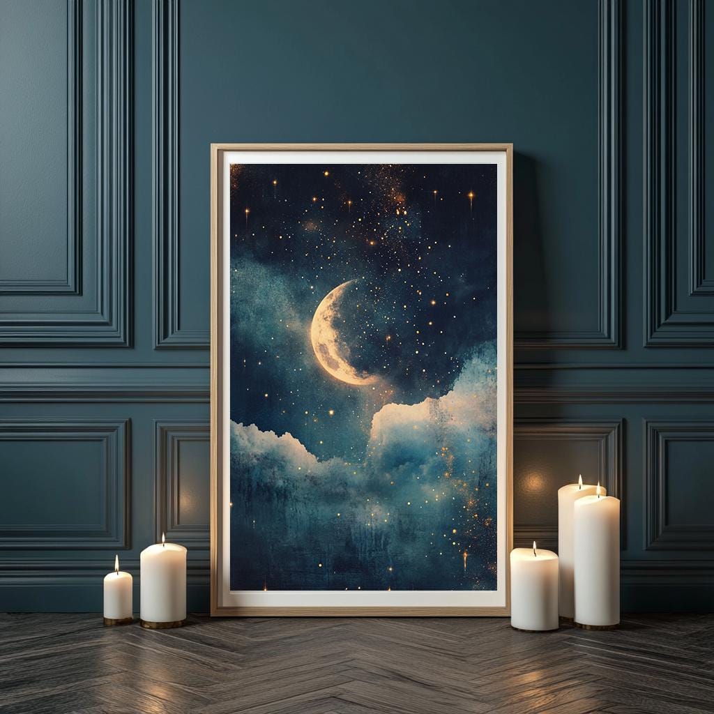Celestial Dreamscape: Half Moon Starry Serenity Art Print - Etsy