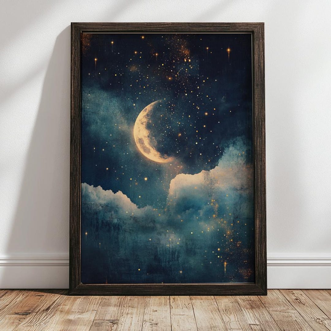 Celestial Dreamscape: Half Moon Starry Serenity Art Print - Etsy