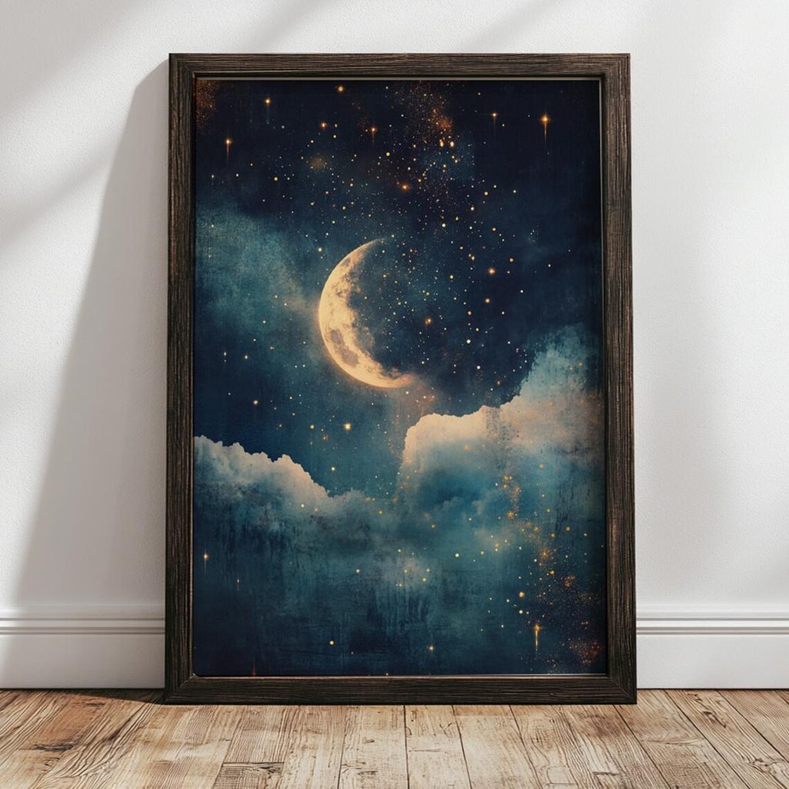 Celestial Dreamscape: Half Moon Starry Serenity Art Print - Etsy