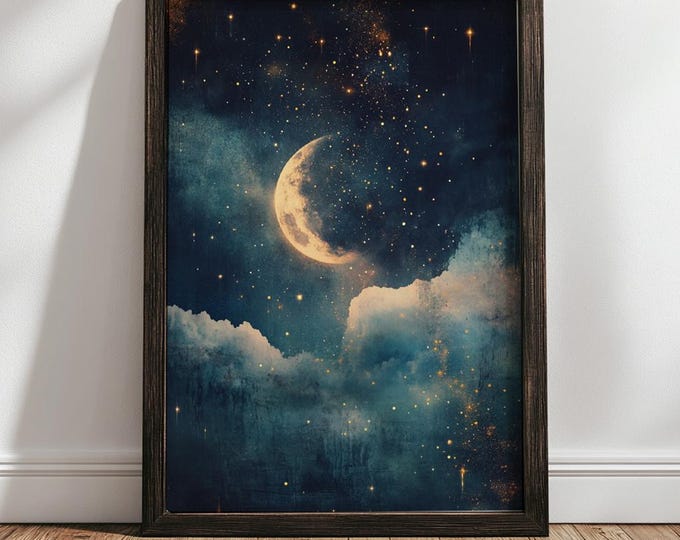 Celestial Dreamscape: Half Moon Starry Serenity Art Print - Etsy