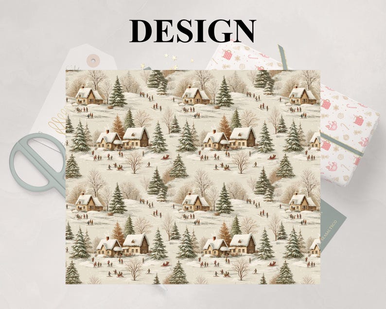 Vintage Skiers Christmas Wrapping Paper, Nostalgic Winter Skiing ...