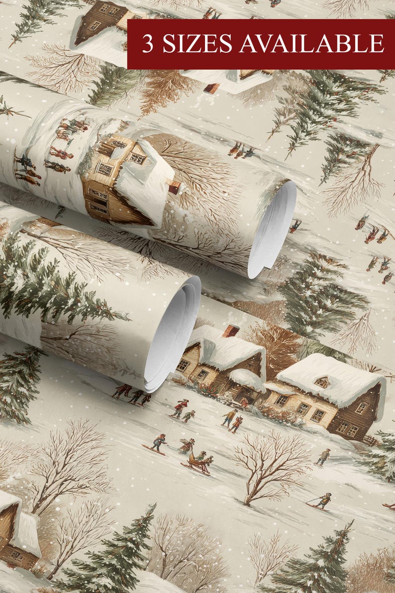Vintage Skiers Christmas Wrapping Paper, Nostalgic Winter Skiing ...
